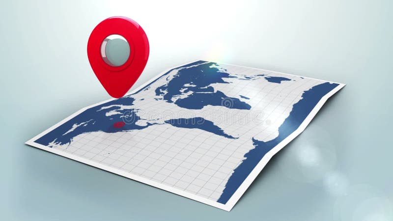Red Pointer on a World Map Surrounded by Blue Markers with Lens Flare ...