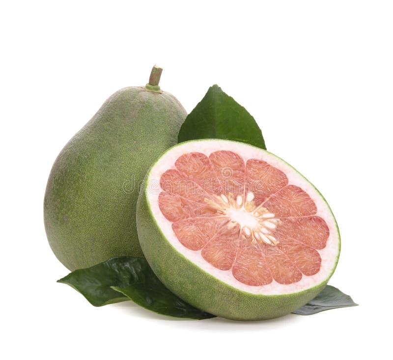 Red Pomelo Citrus Fruit With Leaves On White Background Stock Photo ...