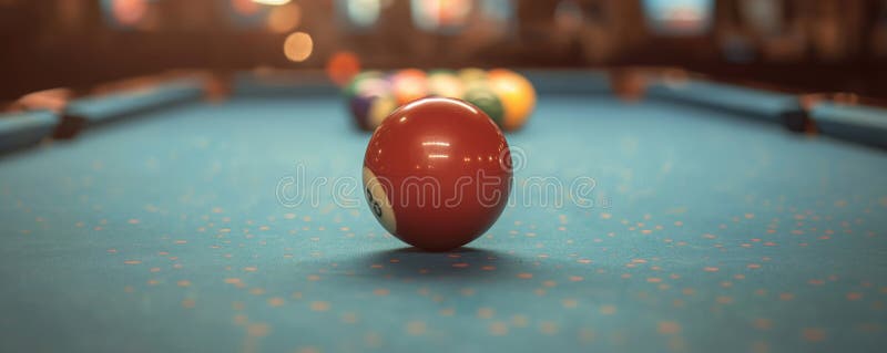 Red Pool Ball Centered on Blue Pool Table, Game Setup. Stock Photo ...