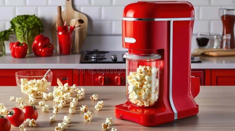 Red Popcorn Machine Making Fresh Popcorn in a Modern Kitchen Stock ...