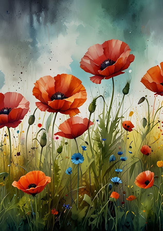 Red Poppies on Abstract Watercolor Background. Vector Illustration ...