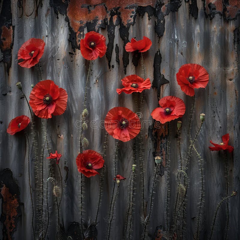 Red Poppies Arranged on Rustic Metal Background Stock Illustration ...