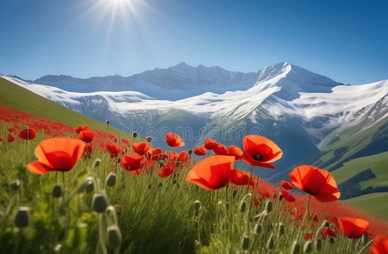 Red Poppies in Close-up, Against the Background of Snow-capped ...