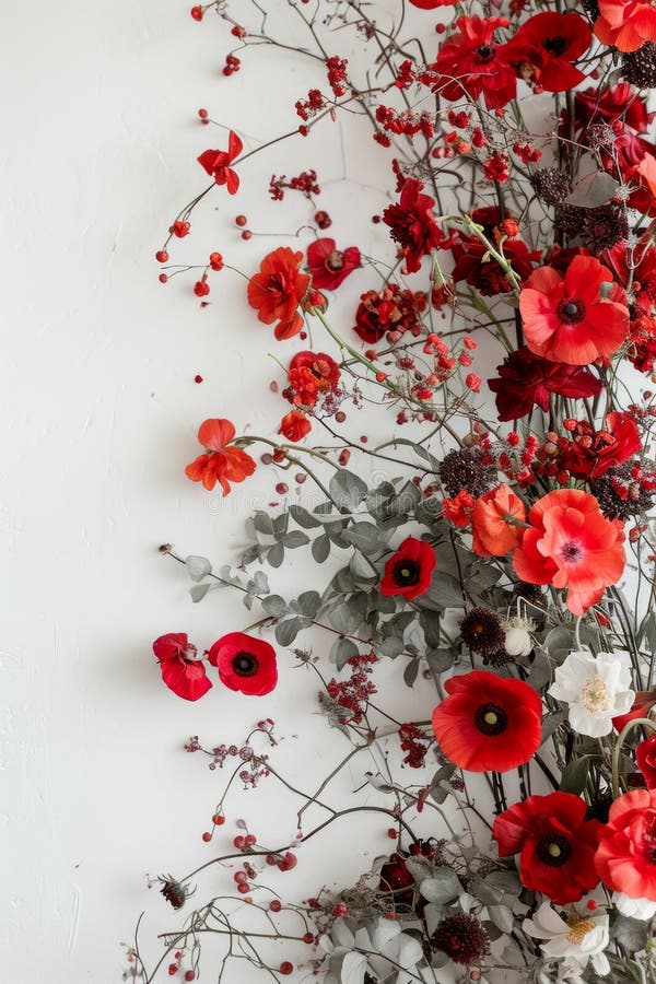 Red Poppies, Eucalyptus Branches and Leaves on White Background. Stock ...