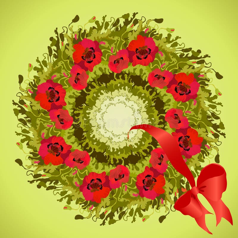 Red Poppies Flower Wreath and Ribbon with Bow, Circle Frame. Stock ...