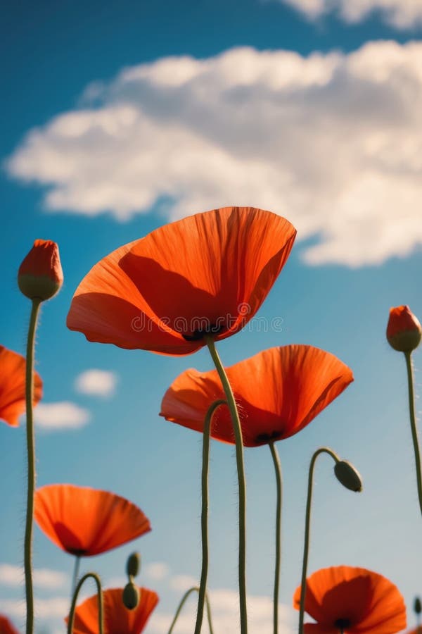 Red Poppies Flowers Close Up Over Blue Sky. Stock Image - Image of ...