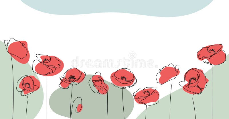 Red Poppies in a Row on Abstract Background. One Line Continuous Art ...