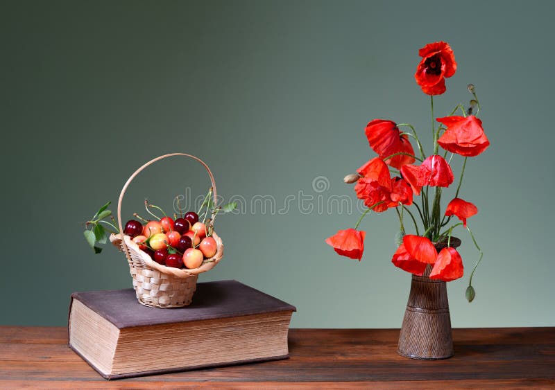 Red Poppies in a Vase and Cherry Stock Image - Image of cherries ...