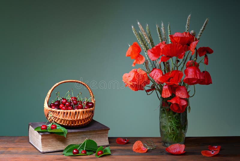 Red Poppies in a Vase and Cherry Stock Image - Image of cherries ...