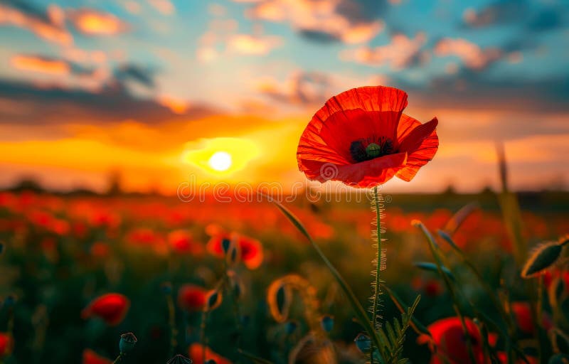 Red Poppy Field. a Red Poppies in the Field in Evening Light Stock ...