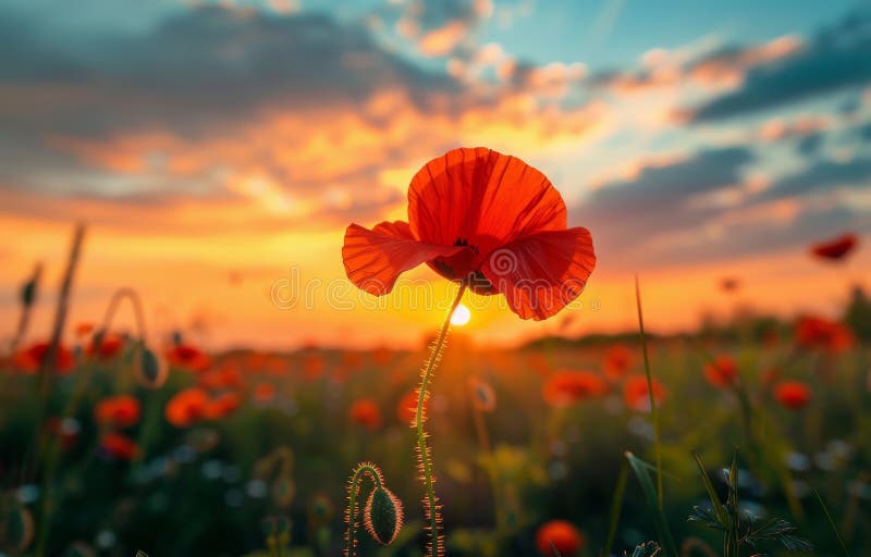 Red Poppy Field at the Sunset. Two Red Poppies in the Foreground Stock ...