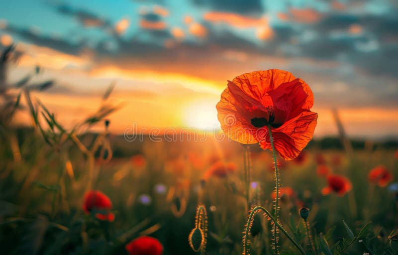 Red Poppy Field at the Sunset. Two Red Poppies in the Foreground Stock ...
