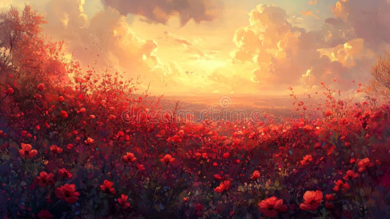 Red Poppy Field at Sunset stock illustration. Illustration of serene ...