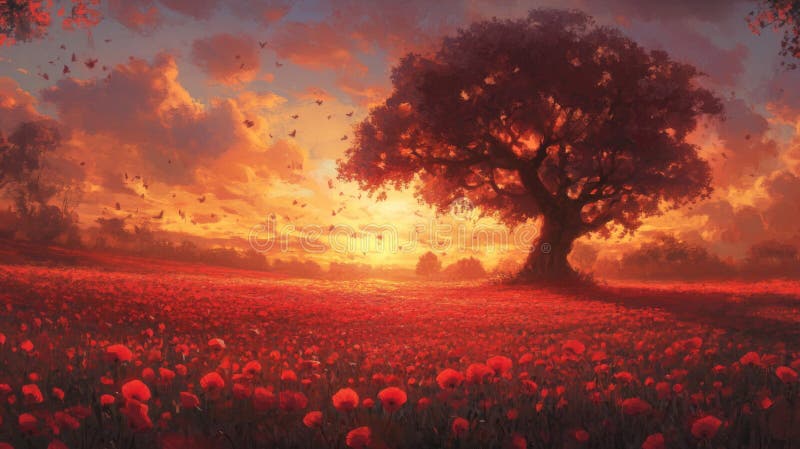 Red Poppy Field Sunset Landscape with Large Tree Stock Illustration ...