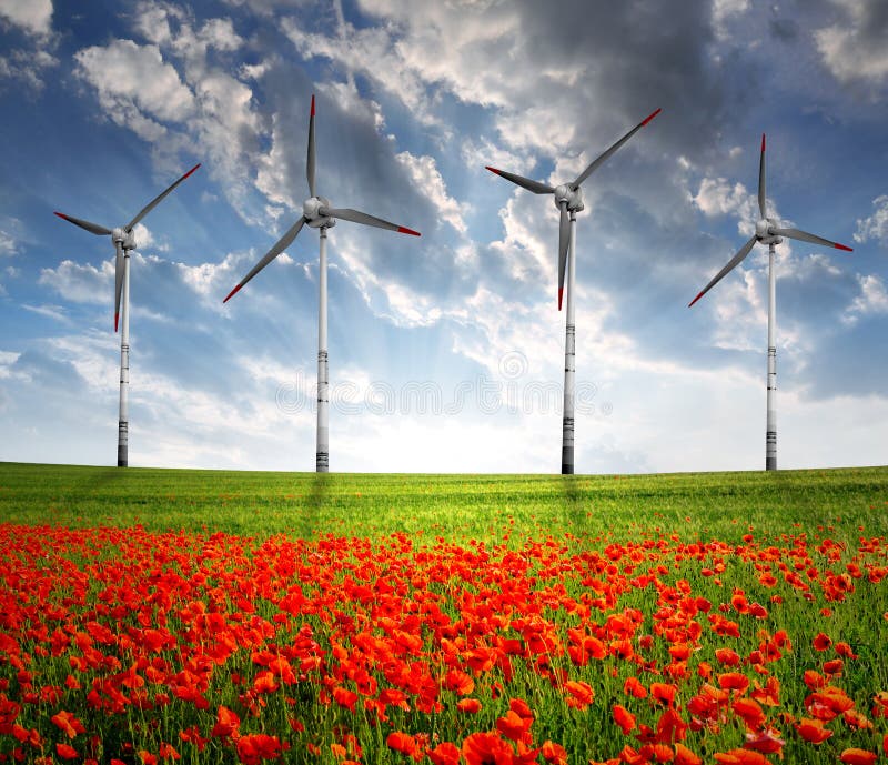 Red Poppy Field with Wind Turbine Stock Image - Image of spring ...