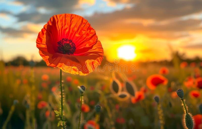 Red Poppy Field at the Sunset. Two Red Poppies in the Foreground Stock ...