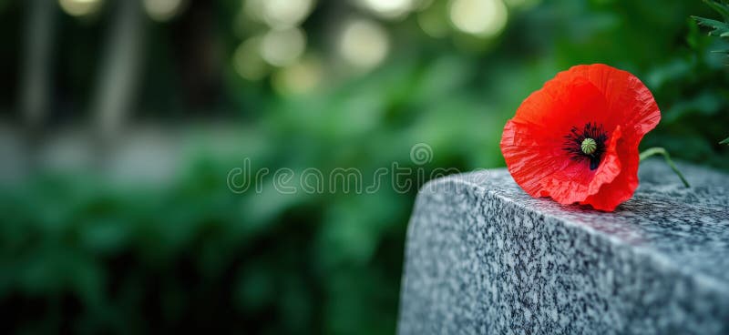 Red Poppy Flower Resting on a Stone Surface Surrounded by Greenery ...