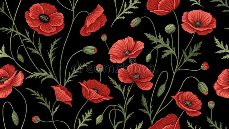 Red Poppy Seamless Pattern Botanical Illustration, Floral Design, Dark ...
