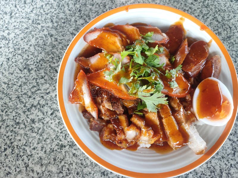 Red Pork with Rice and Crispy Pork on the Table Stock Photo - Image of ...