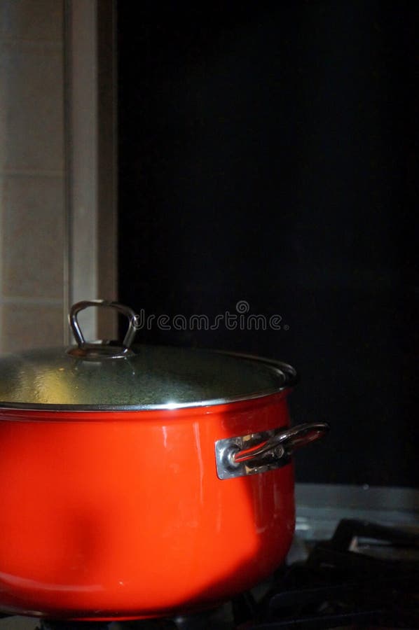 Red pot, cooking home view stock photo. Image of water - 108304754