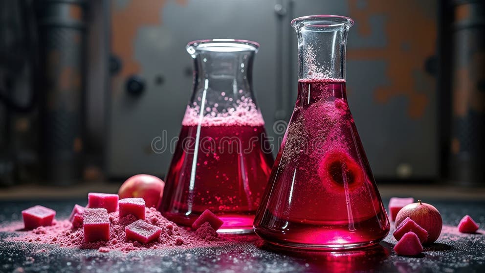 Red Potion in Beakers Amidst Sugar Cubes and Apples on Dark Surface ...