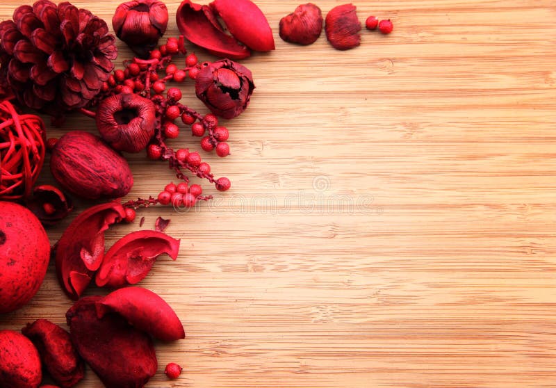 Red Potpourri on Wood with Copy Space Stock Image - Image of invitation ...