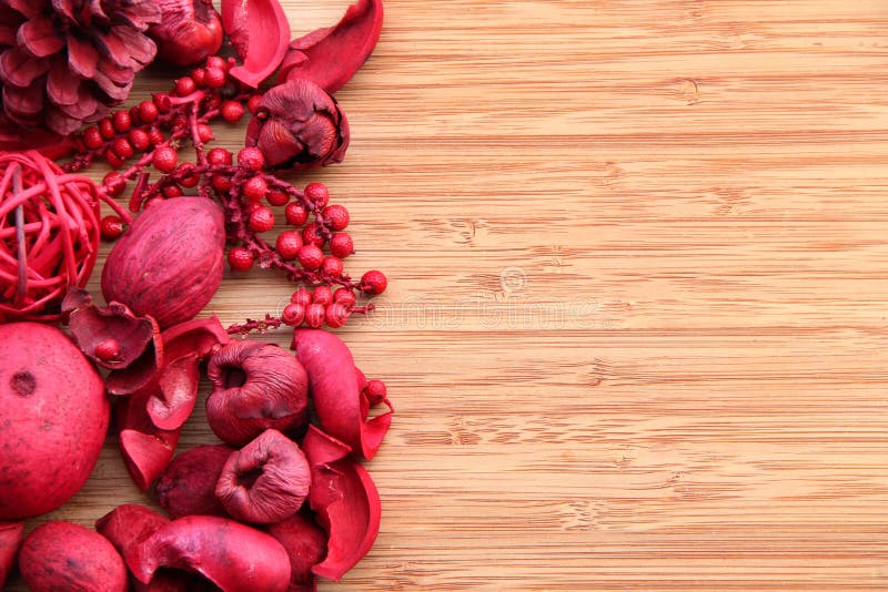 Red Potpourri on Wood with Copy Space Stock Image - Image of conifer ...