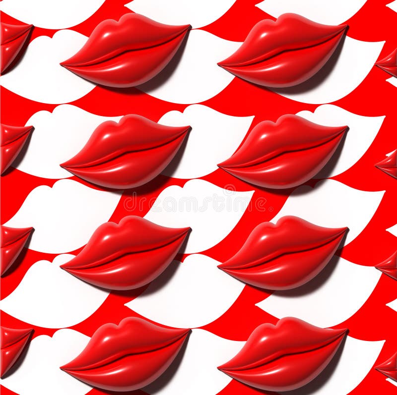Red Pouty Glossy Lips with Shadow on Seamless Pattern with White Lips ...