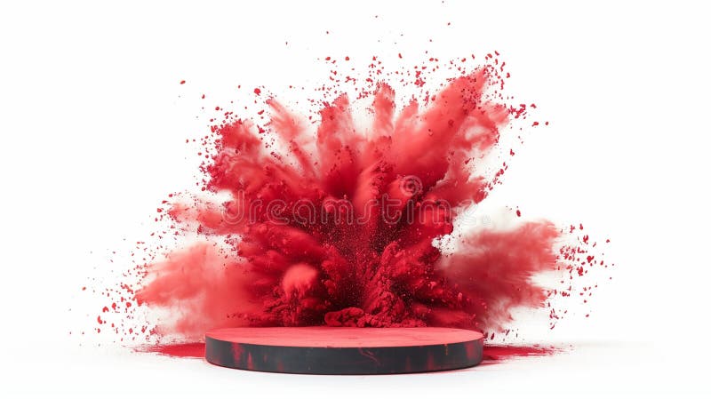 Red Powder Explosion Behind Podium on White Background Stock ...