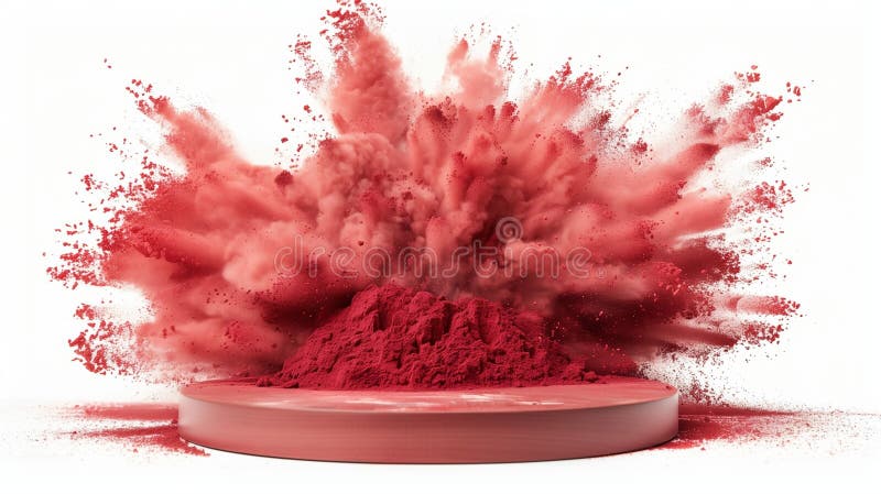Red Powder Explosion Behind Podium on White Background Stock ...