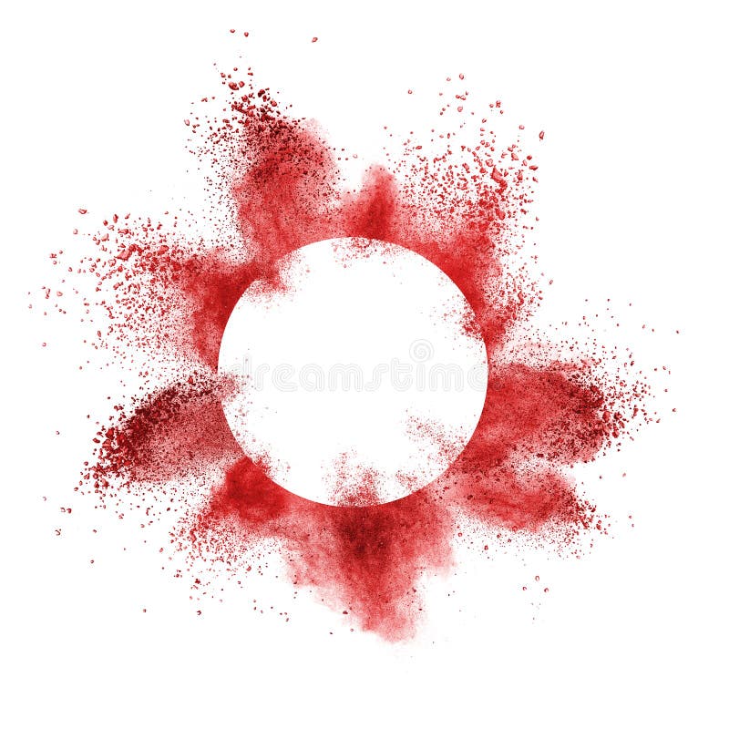 Red Powder Explosion Behind a Round Frame Exploding on White Background ...