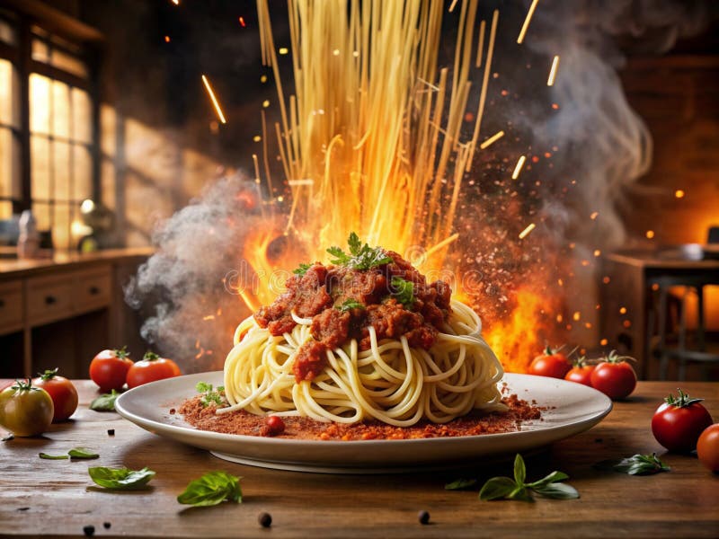 Plate of Spaghetti with Tomato Sauce Exploding in Flames Stock ...