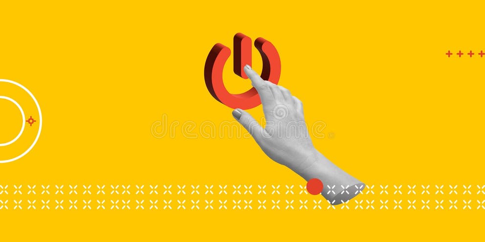 A Red Power Button Being Pressed by a Hand on a Yellow Background ...