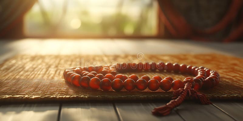 Red Prayer Beads on Rustic Mat: Spiritual Background Image Stock ...