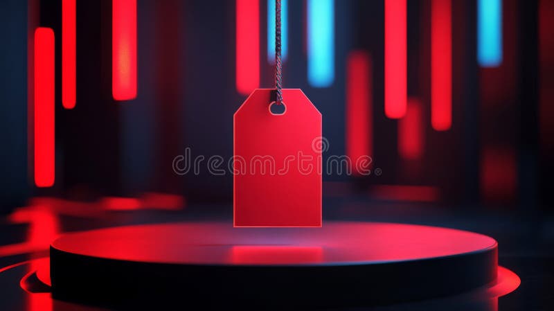 Red Price Tag Hanging Above Circular Platform with Neon Lights Stock ...