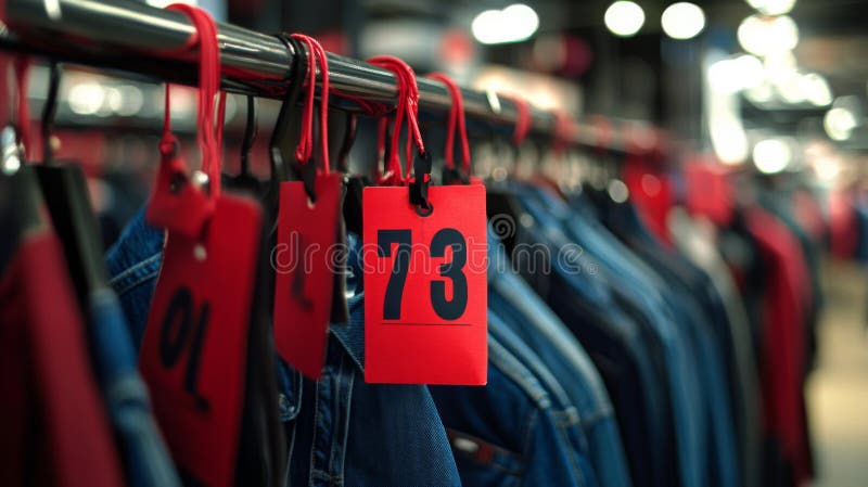 Red Price Tags Hanging on Racks with Denim Clothing Stock Illustration ...