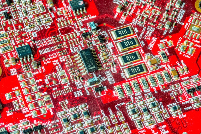 Red PCB for Computer Components with Electronic Elements Stock Photo ...