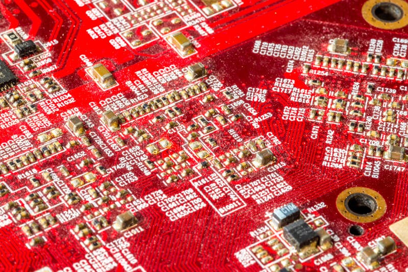 Red PCB for Computer Components with Electronic Elements Stock Photo ...