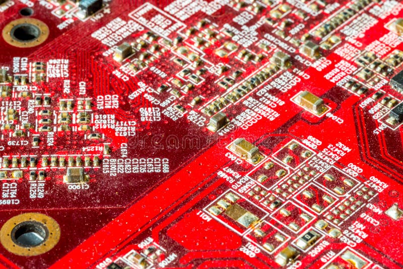 Red PCB for Computer Components with Electronic Elements Stock Photo ...