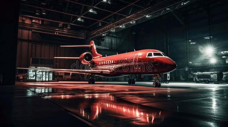 Red Private Jet Standing in a Hangar at Night, Generated Ai Image Stock ...