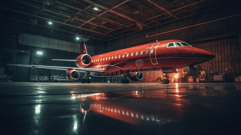 Red Private Jet Standing in a Hangar at Night, Generated Ai Image Stock ...
