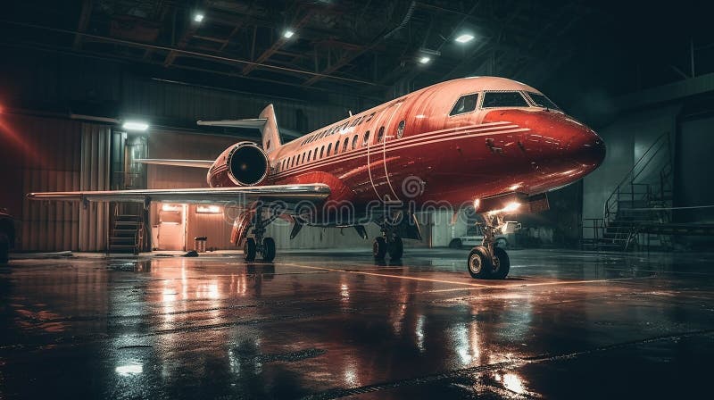 Red Private Jet Standing in a Hangar at Night, Generated Ai Image Stock ...