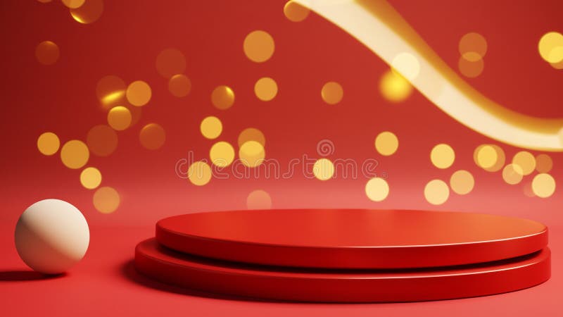 Red Product Display Podium with Golden Curve Line and Ball Elements ...