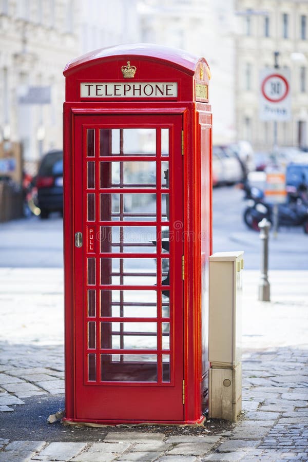Red Public Phone on One of the Streets. Stock Image - Image of retro ...