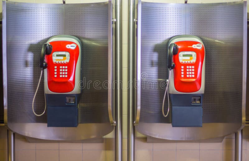 Red Public Telephone Two Booth on Subway Station. Stock Image - Image ...
