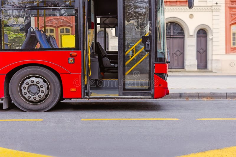 Red Public Transportation Bus on Bus Stop at Street Stock Image - Image ...