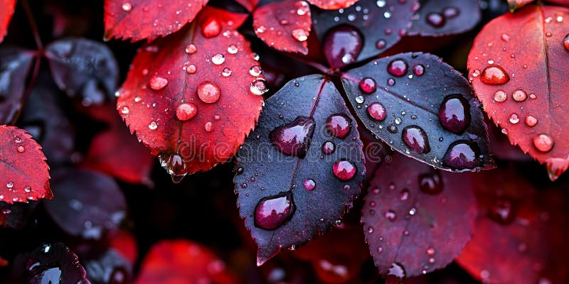Red and Purple Autumn Leaves with Water Droplets Macro Stock ...