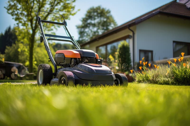 A Red Push Mower Sits on a Lush Green Lawn at Beautiful Day. AI ...