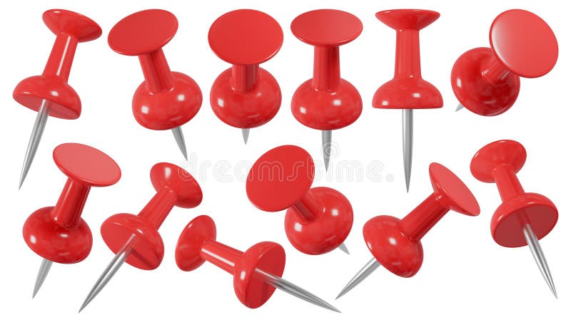 Red Push Pin in Different Angles. Realistic Attach Button Set. 3D ...