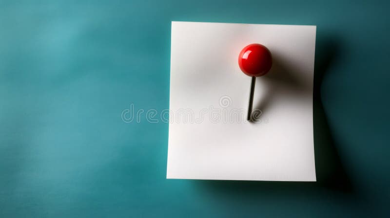 Red Push Pin Fixing a Blank White Sheet of Paper on a Teal Background ...